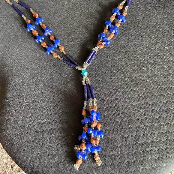 Jewelry | Vintage Beaded Long Royal Blue Tan Necklace | Poshmark